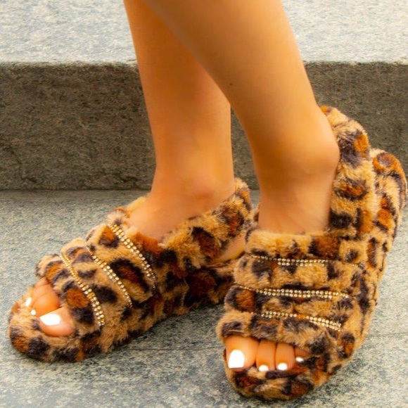 Mata | Shoes | Furry Leopard Rhinestone Mule Slingback Sandal | Poshmark